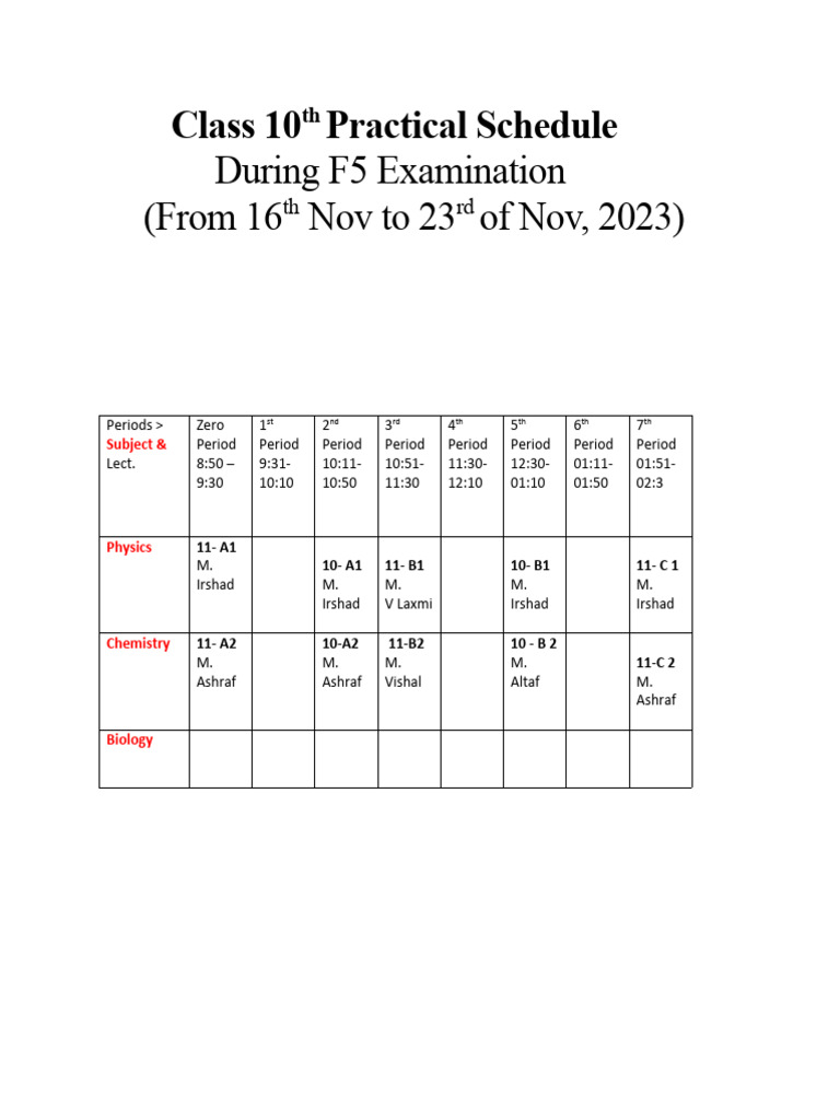Class 10th Practical Schedule 1 | PDF