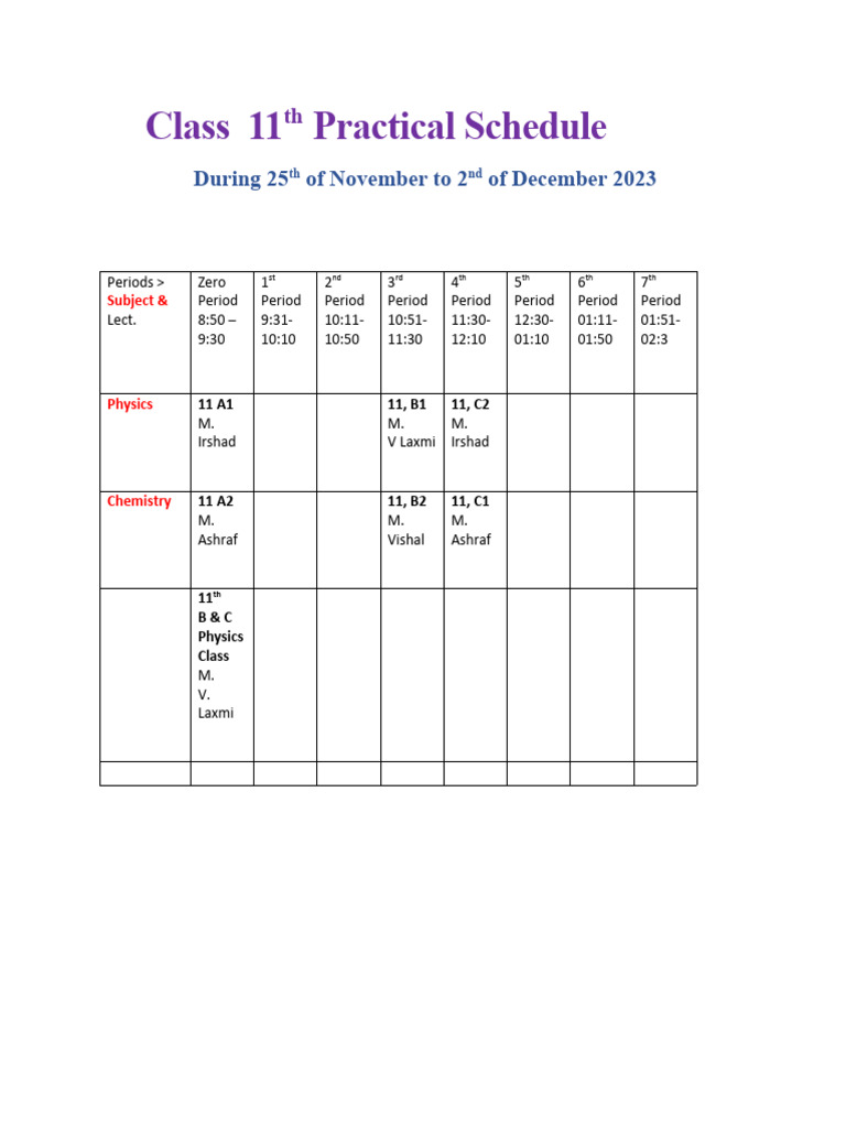 11th Class Practical Schedule | PDF