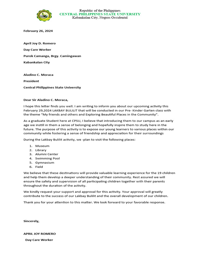 Lakbay Bulilit Letter | PDF