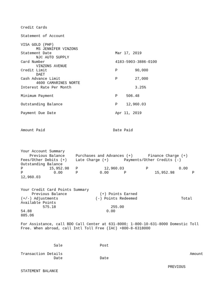 Bdo Mar Soa PDF | PDF | Credit Card | Payments