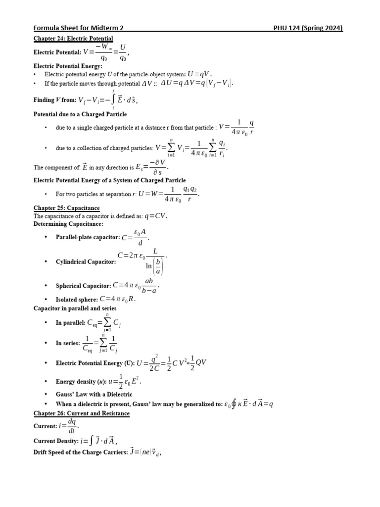 Formulas Sheet MD2 124 | PDF | Capacitance | Electrical Resistivity And Conductivity