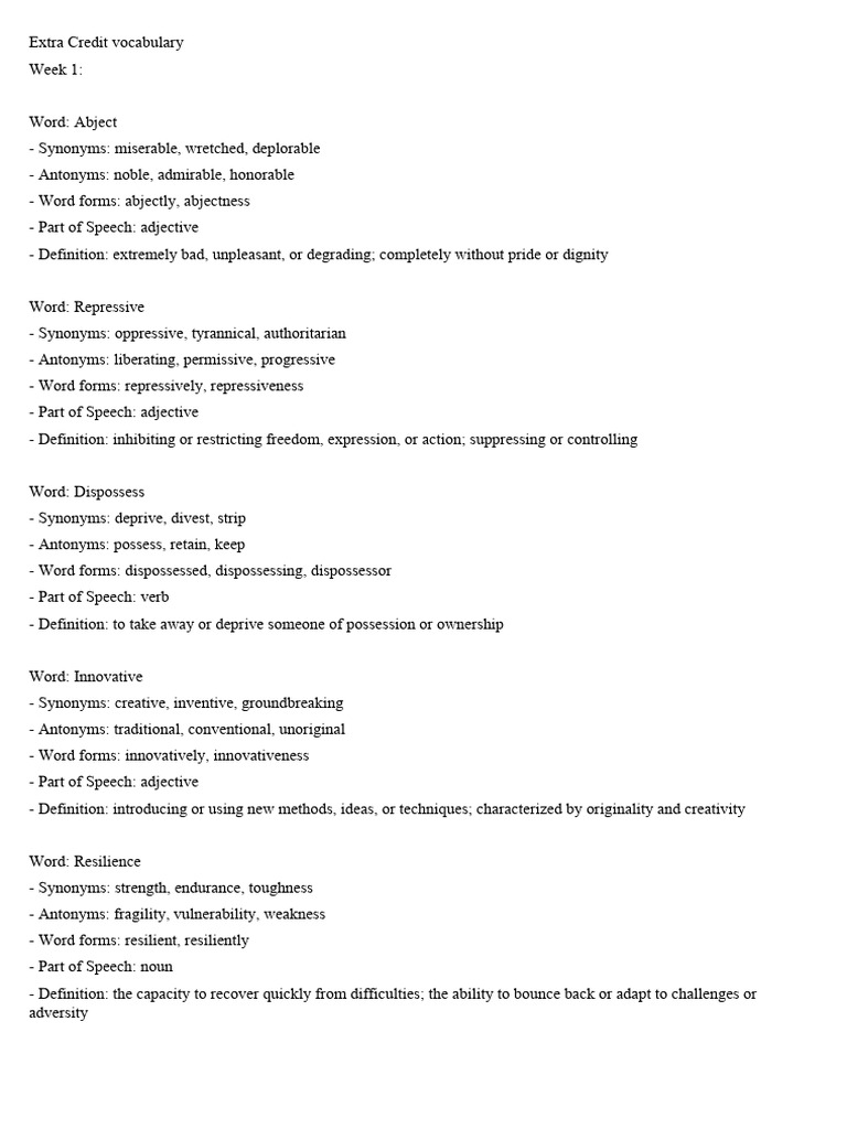 Extra Credit vocabulary | PDF | Part Of Speech | Noun