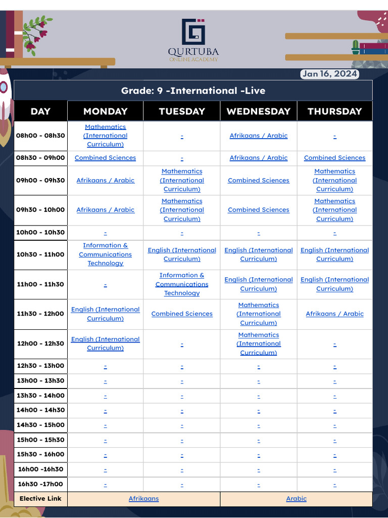 2024 QOA Timetable - Grade 9 (9 - International - Live) | PDF