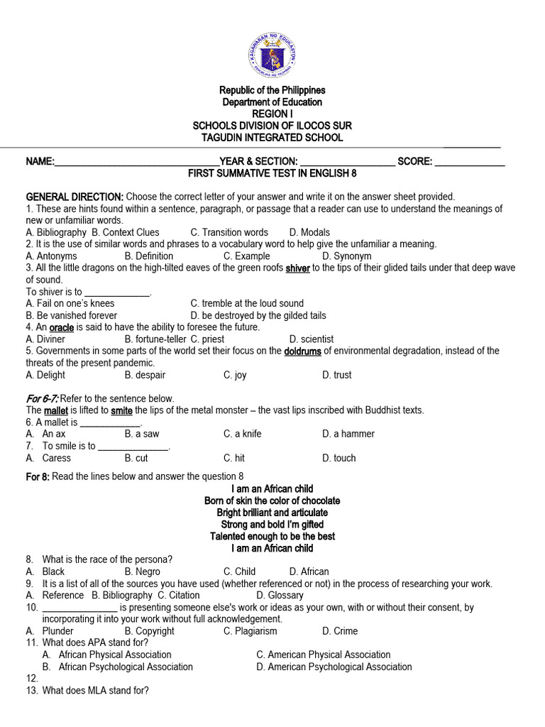 1st Quarter Exam - Grade 8 English | PDF