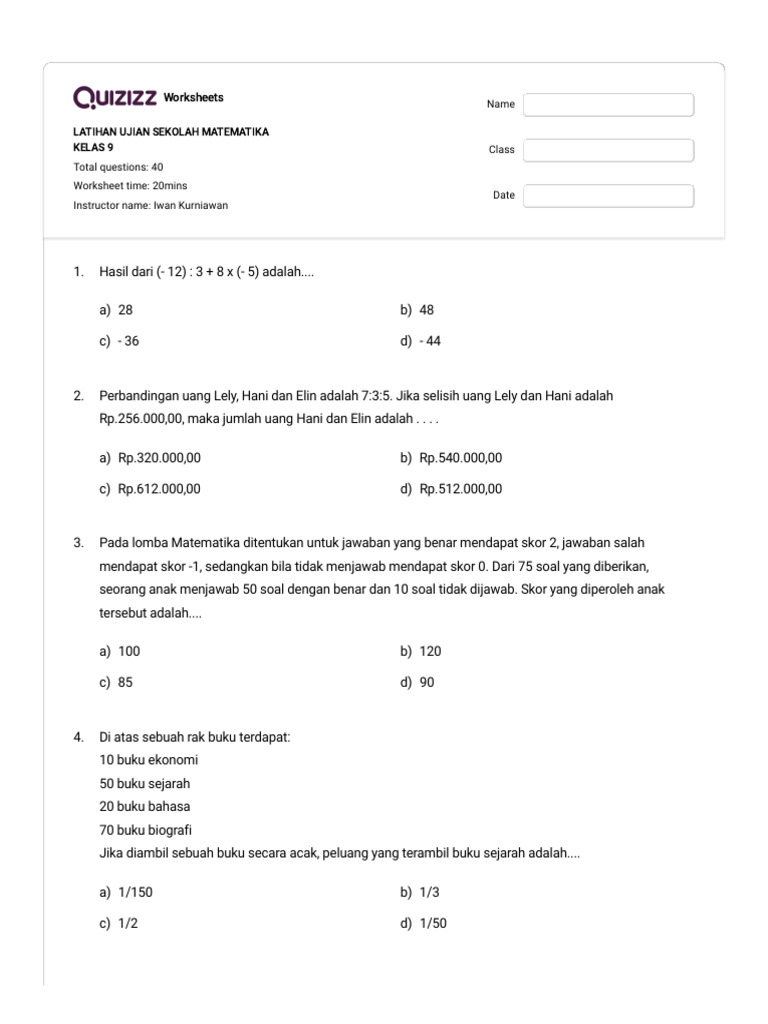 Soal Ujian Sekolah Matematika Kelas Ix SMP | PDF