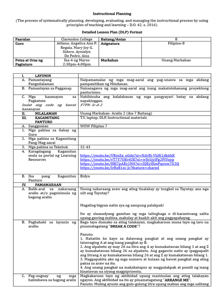 Detailed Lesson Plan (DLP) Format - Filipino | PDF