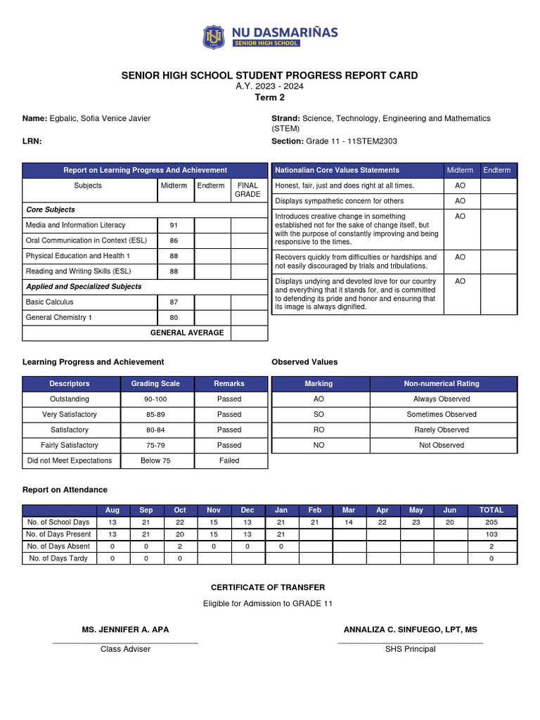 Term Report Card-Egbalic, Sofia Venice | PDF | Learning | Cognition