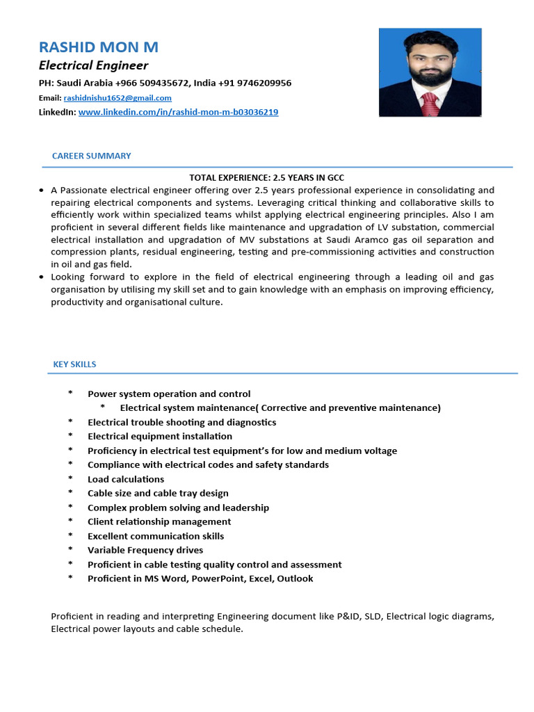 Rashid Electrical Engg CV | PDF | Electrical Wiring | Engineering