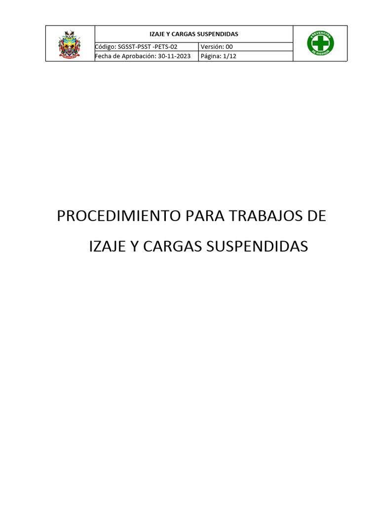 SGSST-PSST-PETS-02 Izajes y Cargas Suspendidas V0 | PDF | Grúa (máquina) SGSST-PSST-PETS-02 Izajes y Cargas Suspendidas V0 | PDF | Grúa (máquina)