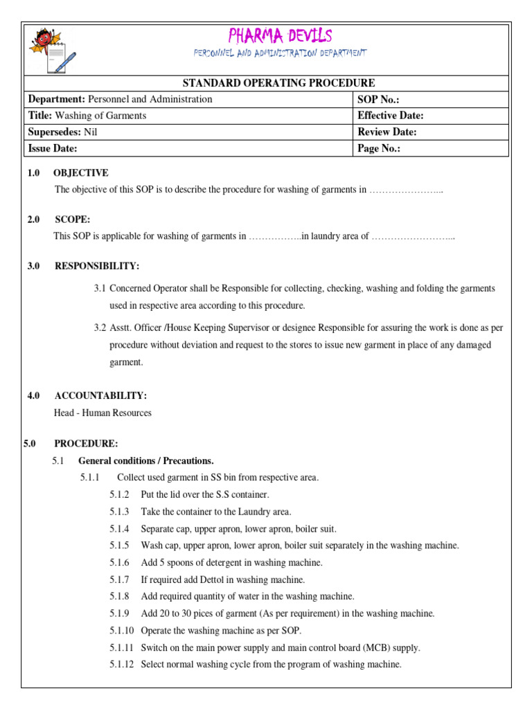 SOP For Washing of Garments | PDF