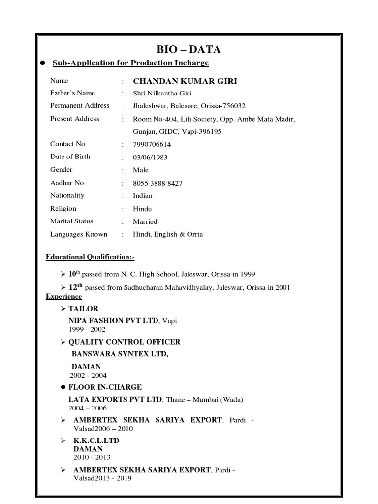 New - Bio-Data Chandankumar Nilkantha Giri | PDF