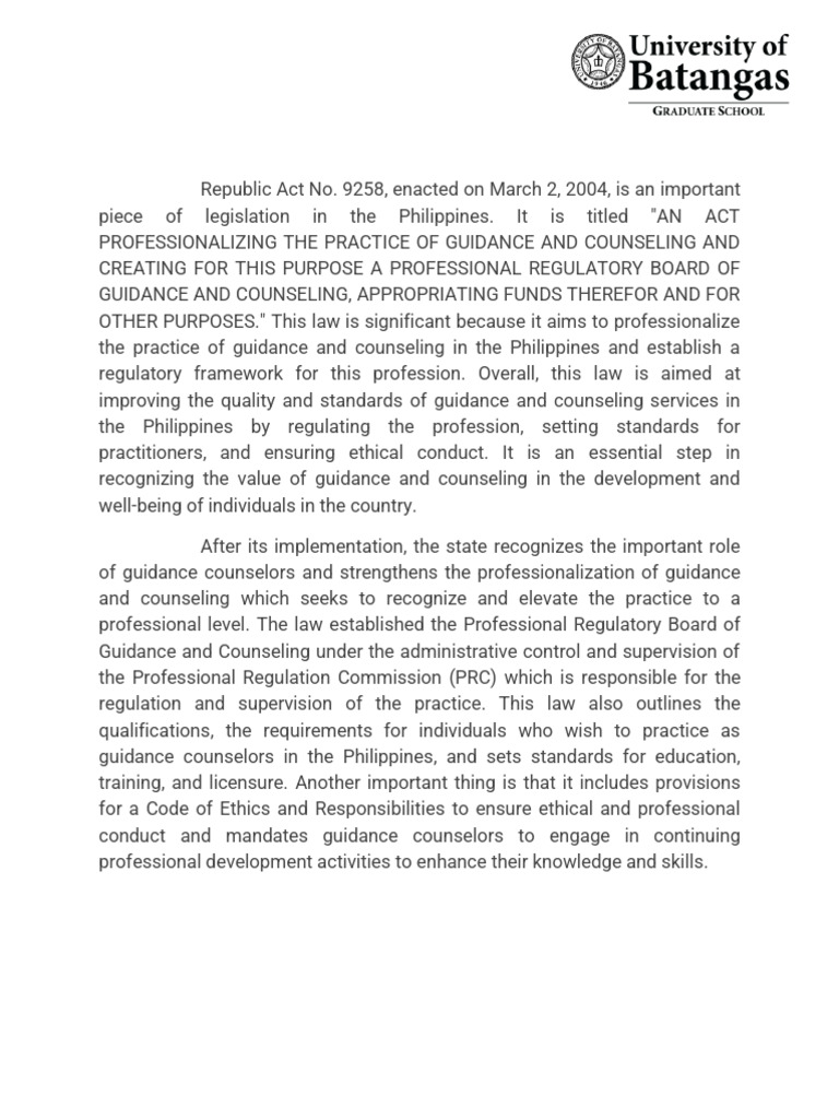 RA 9258: Professionalizing Counseling in PH | PDF | School Counselor ...