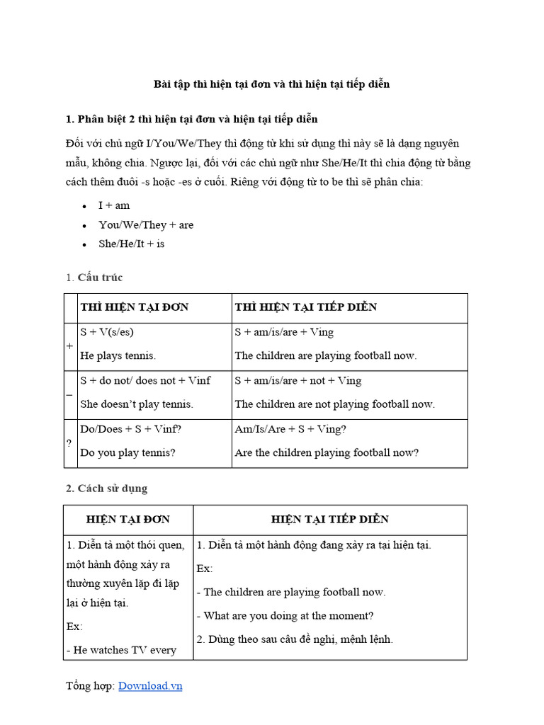 Bai Tap Hien Tai Don Va Thi Hien Tai Tiep Dien | PDF