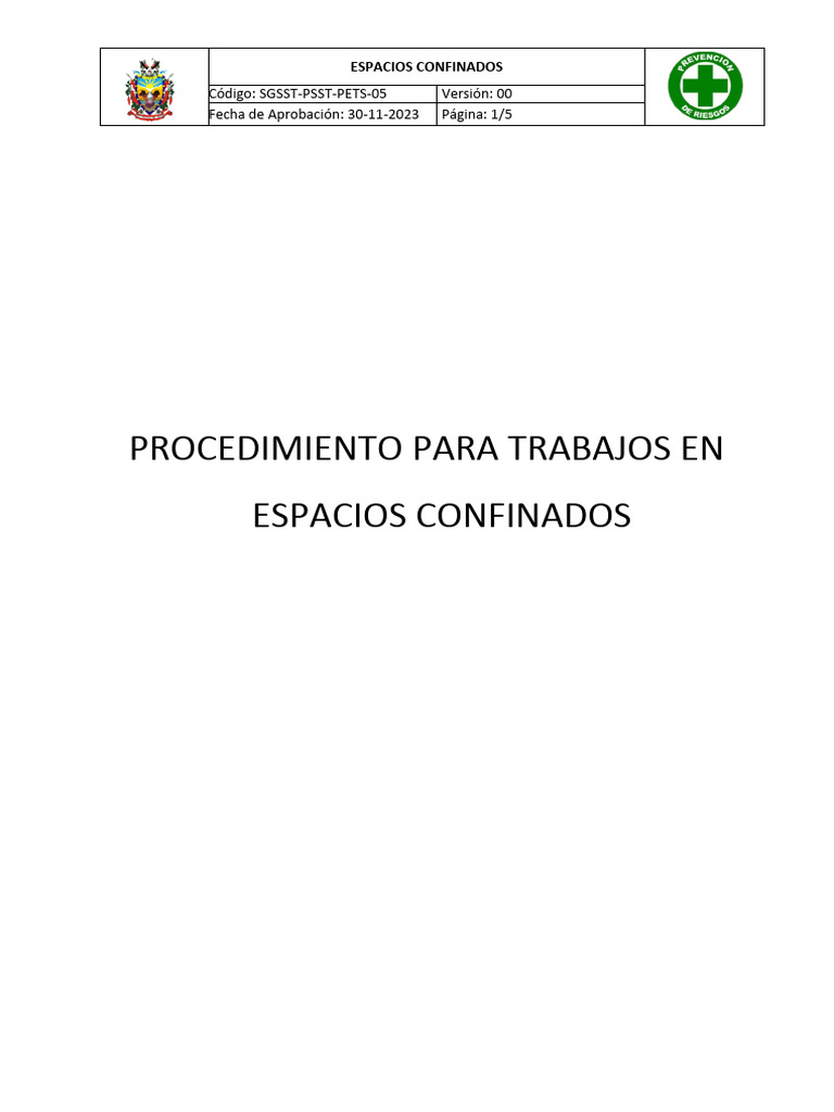 SGSST-PSST-PETS-05 Espacios Confinado V0 | PDF | Soldadura | Construcción SGSST-PSST-PETS-05 Espacios Confinado V0 | PDF | Soldadura | Construcción