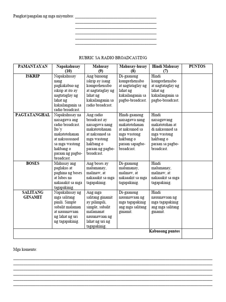 Rubric para Sa Radio Broadcasting | PDF