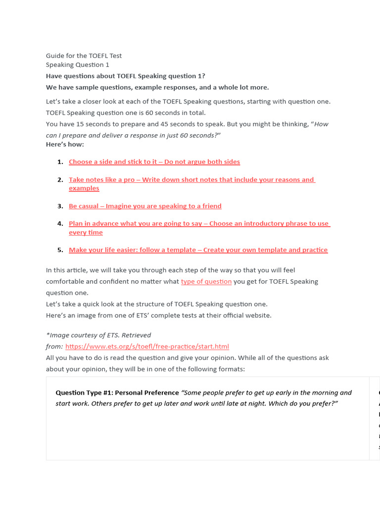 TOEFL Speaking Guide | PDF | Employment | Mimicry