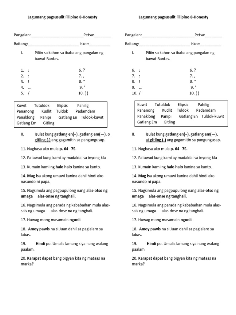 BAntas Lagumang Pagsusulit Filipino 8-Honesty | PDF