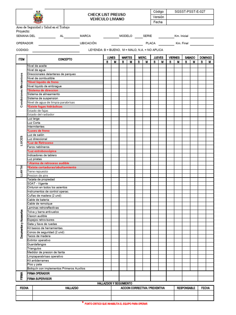 SGSST-PSST-E-027 Check List Preuso Vehiculo Liviano Perú | PDF ... SGSST-PSST-E-027 Check List Preuso Vehiculo Liviano Perú | PDF ...