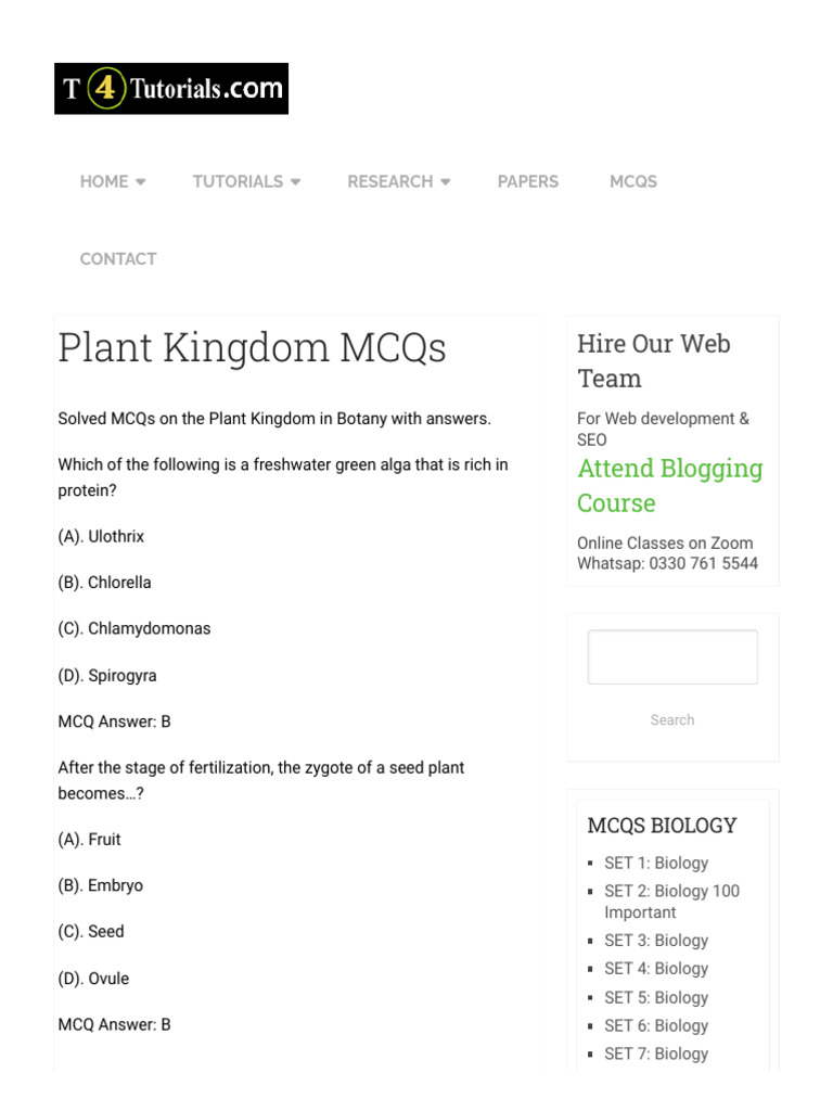 Plant Kingdom MCQs | PDF | Fern | Organisms