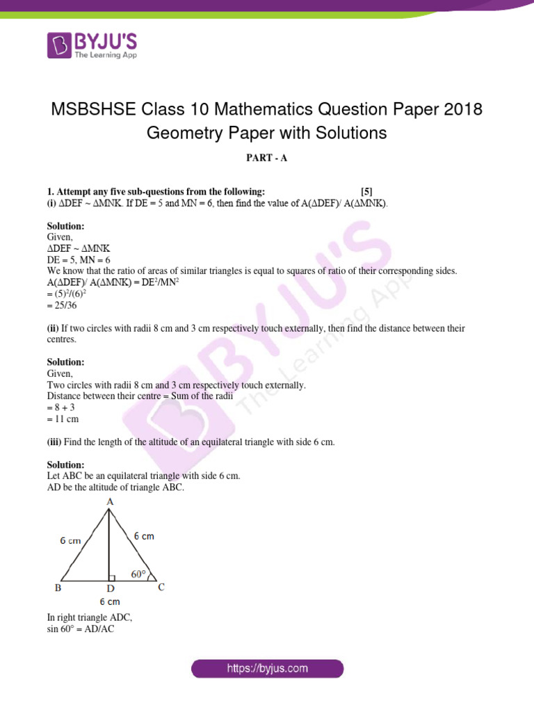 Msbshse Class 10 Geometry Mathematics Question Paper With Solutions 2018 | PDF | Triangle | Area