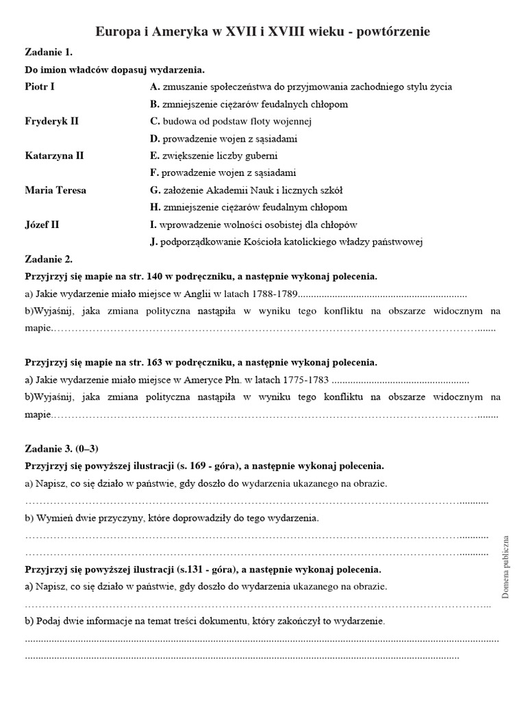 Kl VI Europa i Ameryka w XVII i XVIII Wieku Karta Pracy | PDF