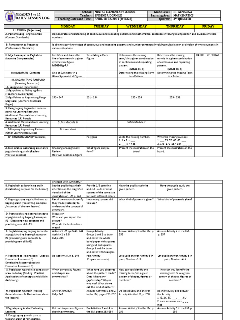 DLL MATHEMATICS-3 Q3 W8 Edited | PDF | Learning | Symmetry