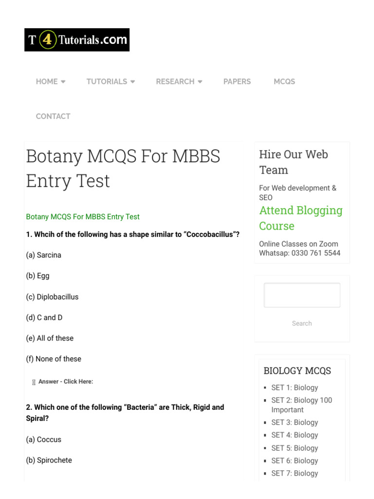 Botany MCQs for Admission Tests | PDF | Zoology | Biotechnology