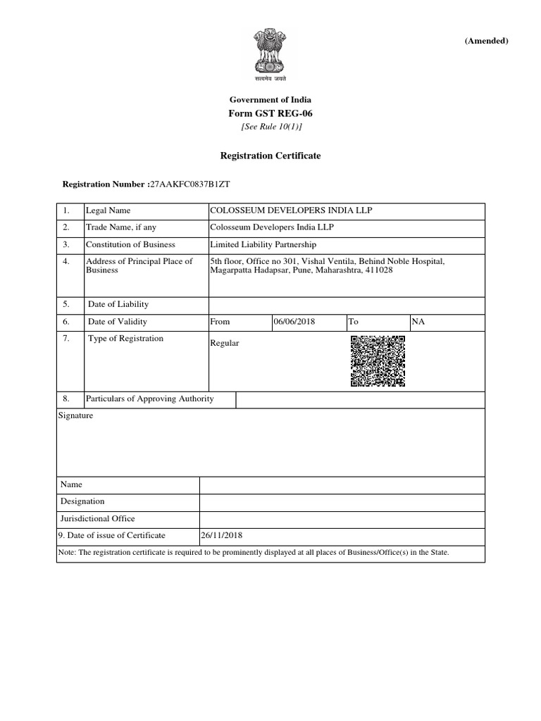 GST Registration Certificate for Colosseum Developers | PDF | Limited ...