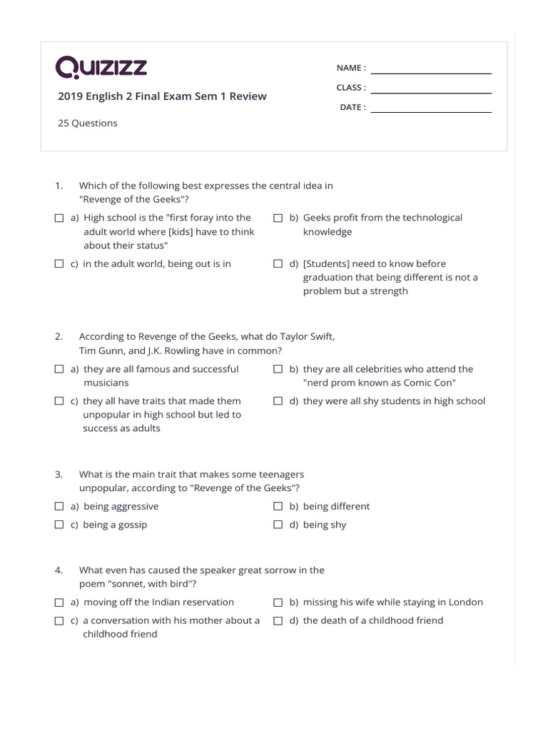 2019 English 2 Final Exam Sem 1 Review Print - Quizizz | PDF