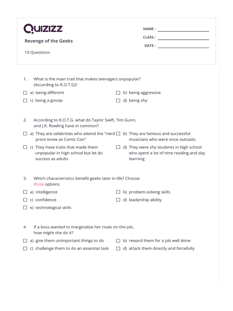 Revenge of The Geeks Print - Quizizz | PDF