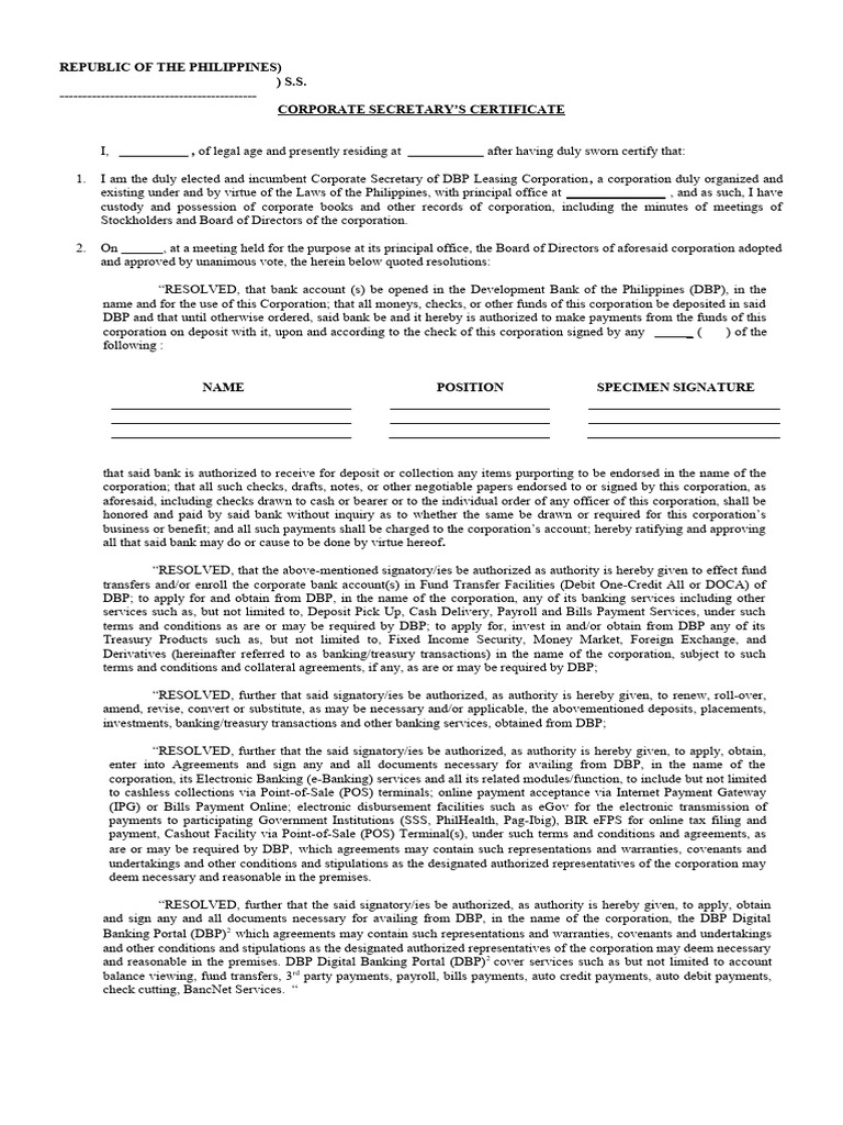 Corporate Secretary's Certificate for DBP | PDF | Banks | Point Of Sale
