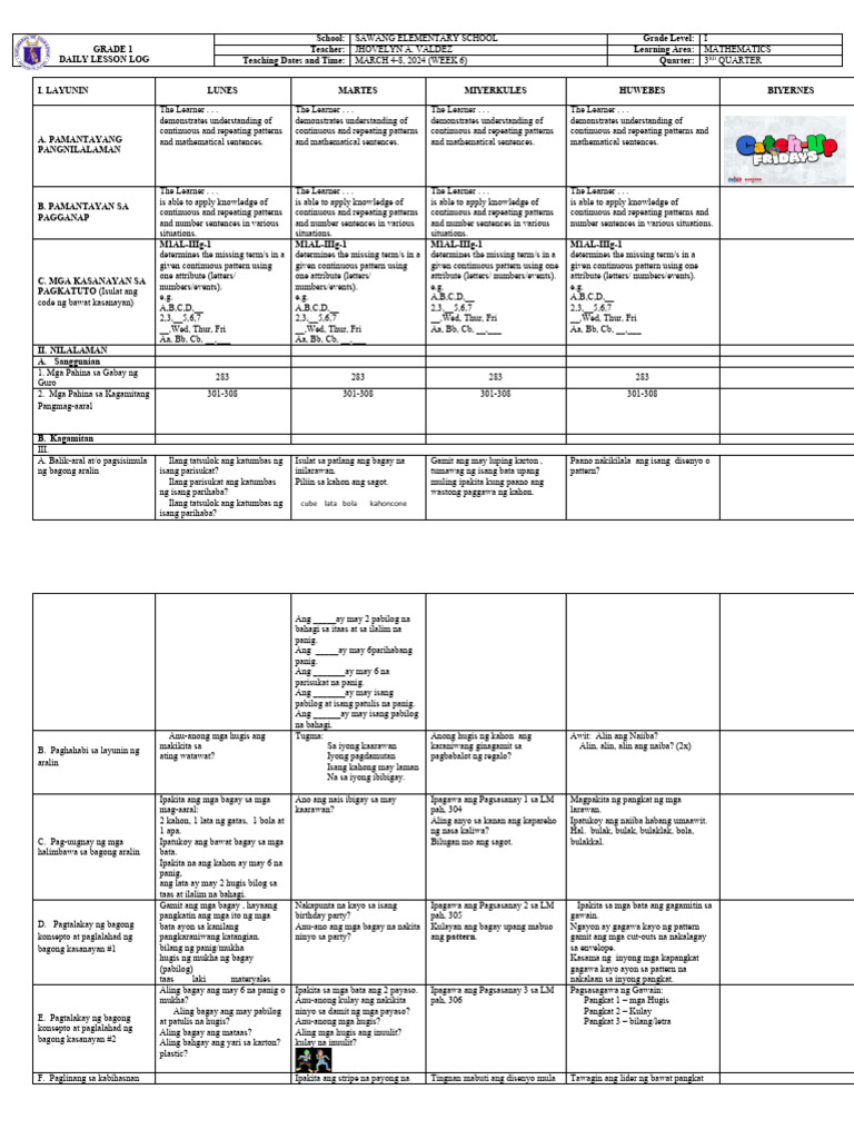 DLL Mathematics 1 q3 w6 | PDF | Learning | Psychological Manipulation