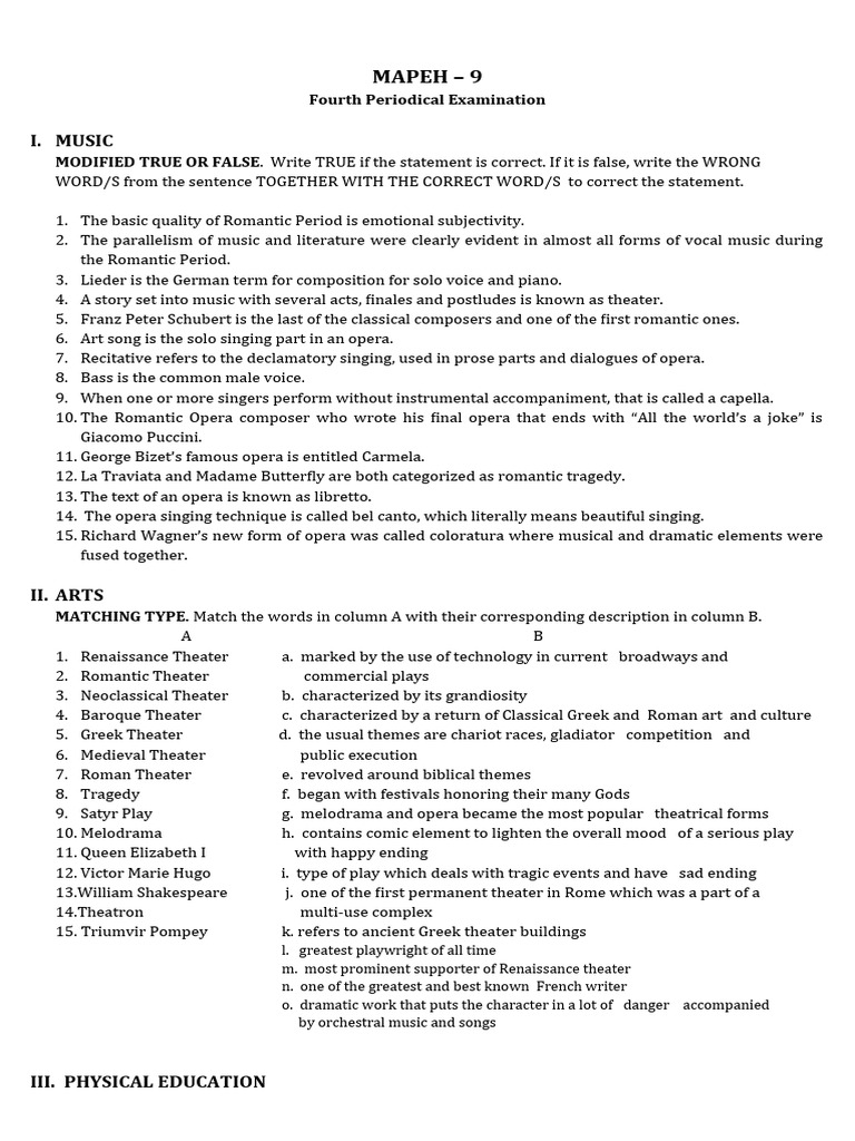 MAPEH 9 Fourth Periodical Exam Guide | PDF | Opera | Theatre