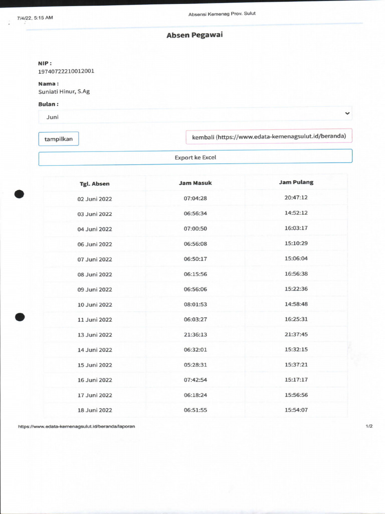 Absen Suniati Hinur (BULAN JUNI) | PDF