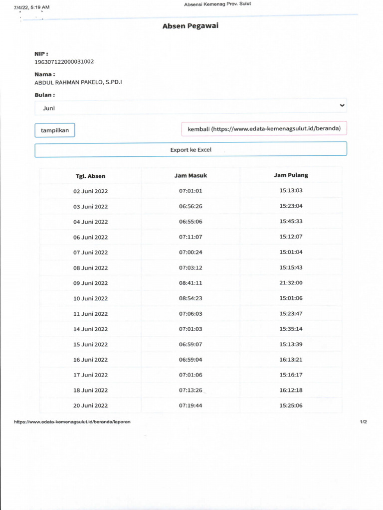 Absen Abdul Rahman Pakelo (Bulan Juni) | PDF