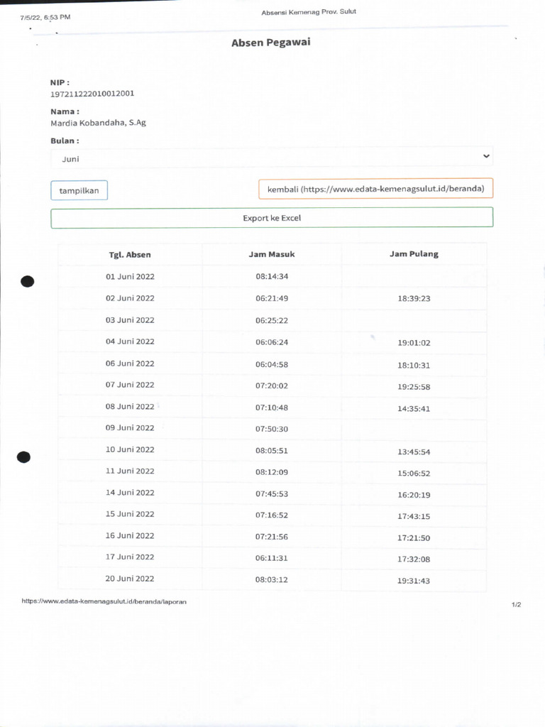 Absen Mardiah Kobandaha (Bulan Juni) | PDF