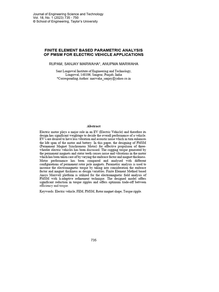 Parametric Analysis Of Pmsm Pdf Electric Motor Finite Element Method