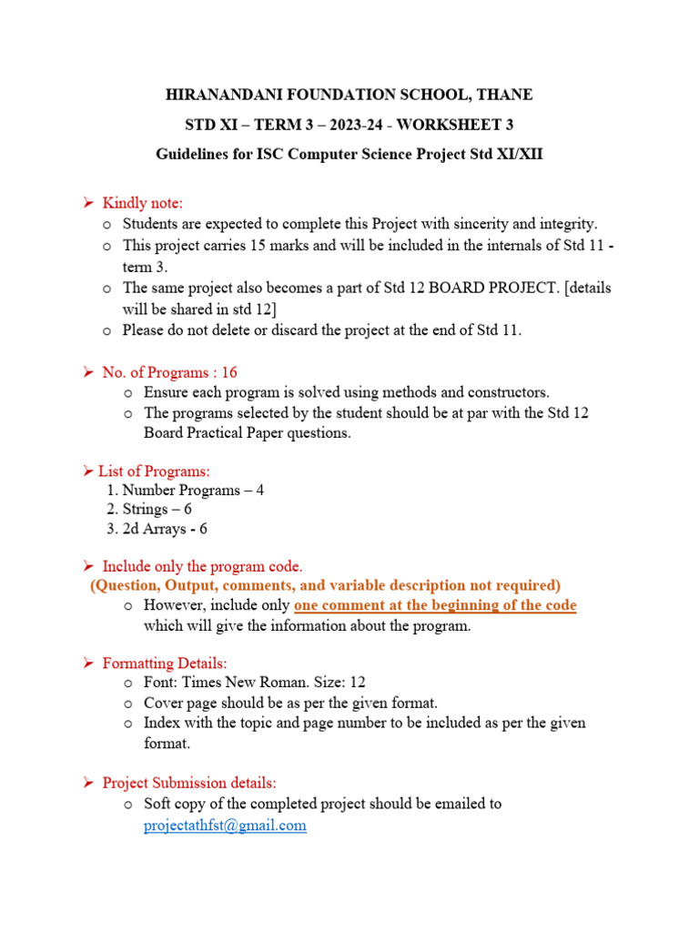 WS 3 - Guidelines For ISC Computer Science Project STD XI-2023-24 | PDF | Computers