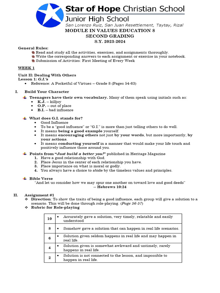 Values Education for Grade 8 | PDF | Love | Jesus