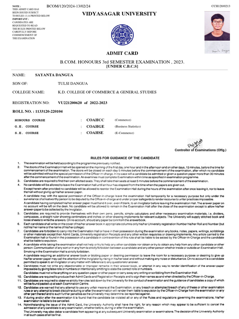VU 3rd Semester Admit Card 2023 | PDF