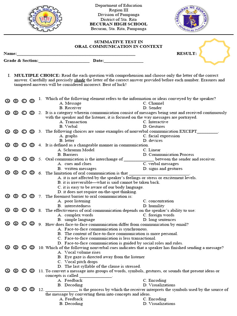 Oral Comm Test for Students | PDF | Communication | Nonverbal Communication