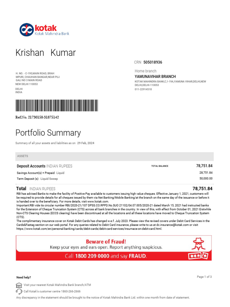 Kotak Mahindra Bank Account Statement Summary | PDF | Banks | Payments
