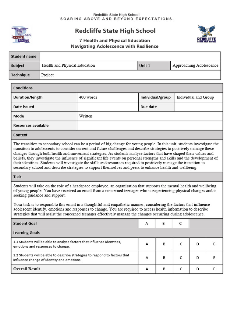 7HPE - Unit 1 Assessment Task Sheet 2 | PDF | Adolescence ...