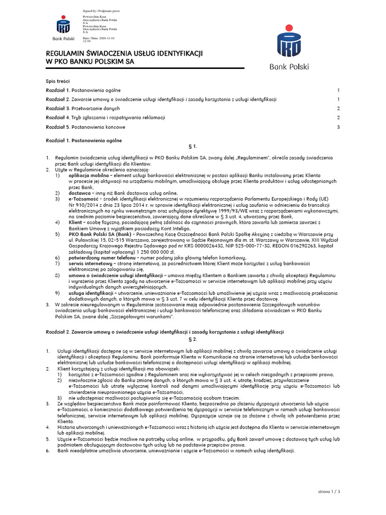 Regulamin Swiadczenia Uslug Identyfikacji PKO | PDF