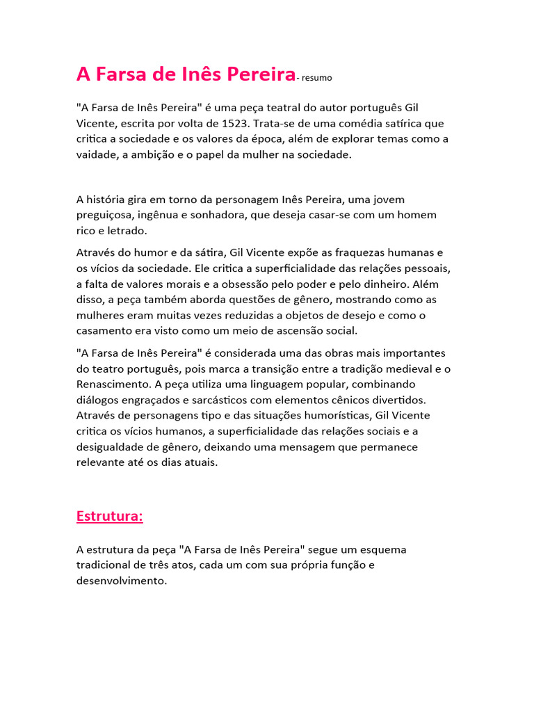 Resumo da Farsa de Inês Pereira | PDF | Comédia