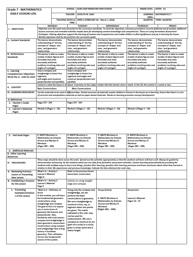 Grade 7 Mathematics Daily Lesson Plan | PDF | Learning | Mathematics