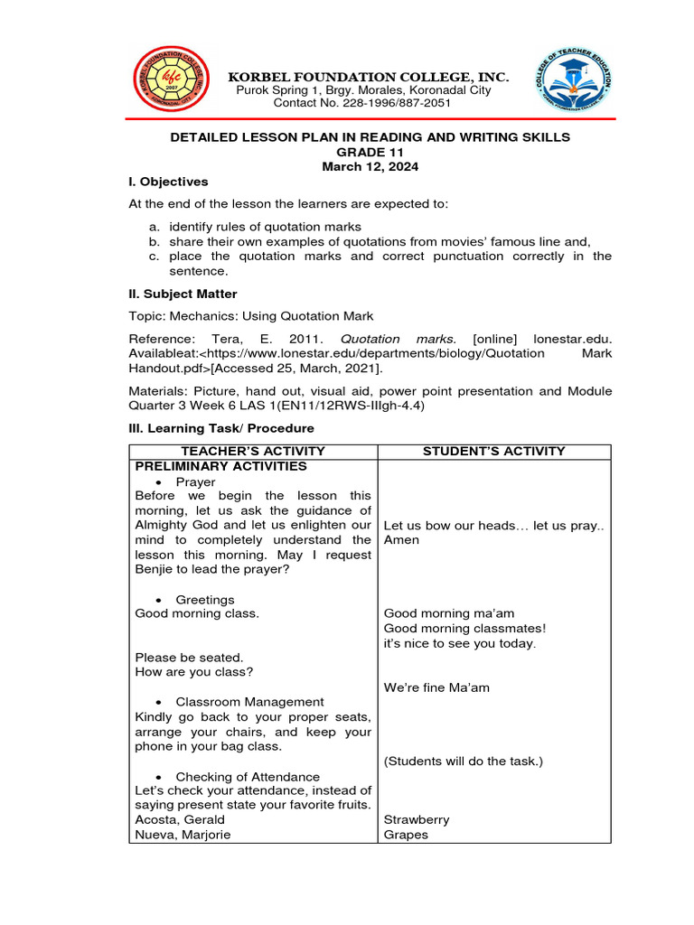 Detailed Lesson Plan | PDF | Language Mechanics