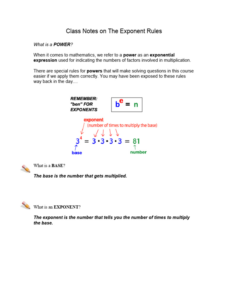 Exponent Rules Notes | PDF