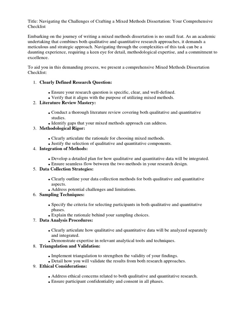 Mixed Methods Dissertation Checklist | PDF | Qualitative Research ... Mixed Methods Dissertation Checklist | PDF | Qualitative Research ...