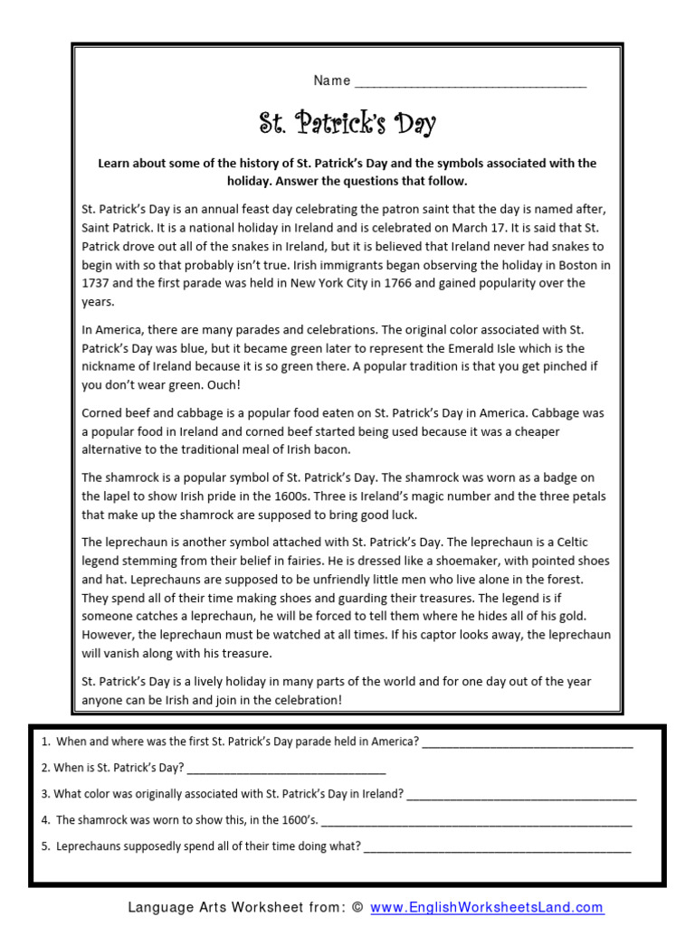 Patrick Reading Comp 1 ST Patricks Day | PDF | Saint Patrick | Leprechaun